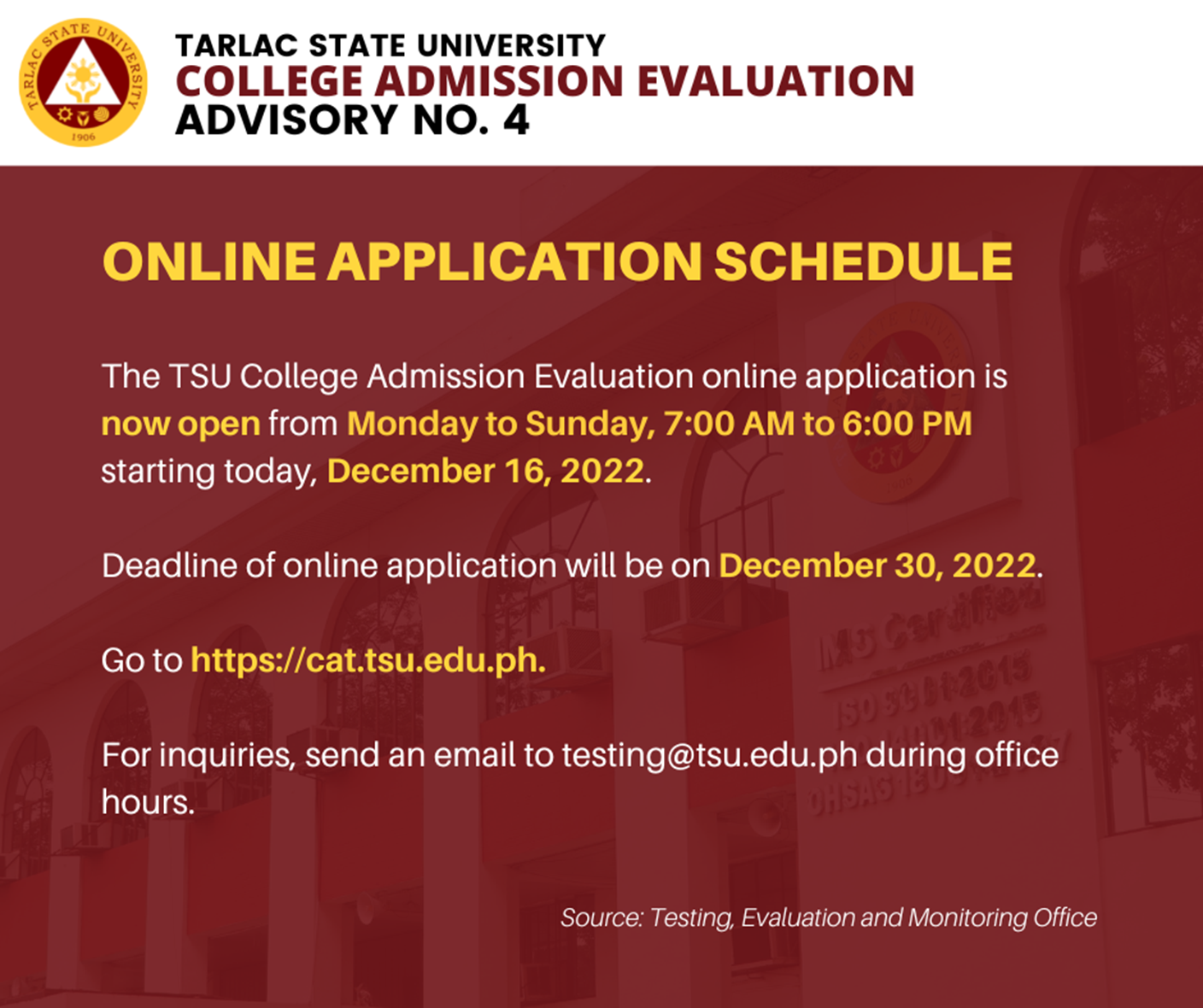 TSU College Admission Evaluation Advisory No. 8 | RELEASING DATES OF ...