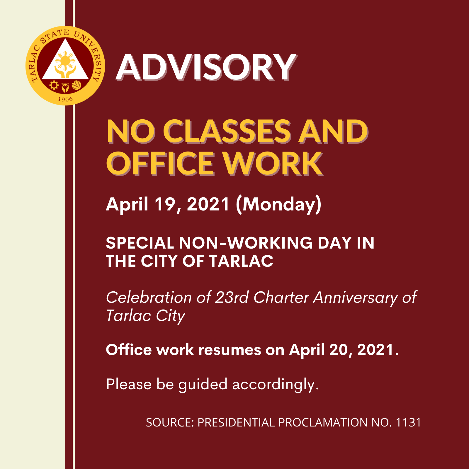 No classes on April 19, 2021 (Monday) - Tarlac State University
